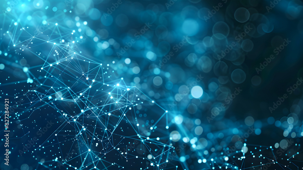 Abstract blue technology background with a cyber network grid and connected particles ...