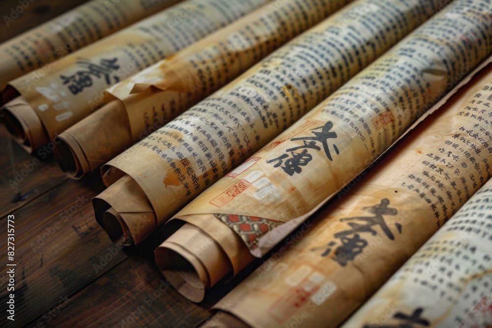 Collection of old chinese scrolls with traditional characters unfurled ...