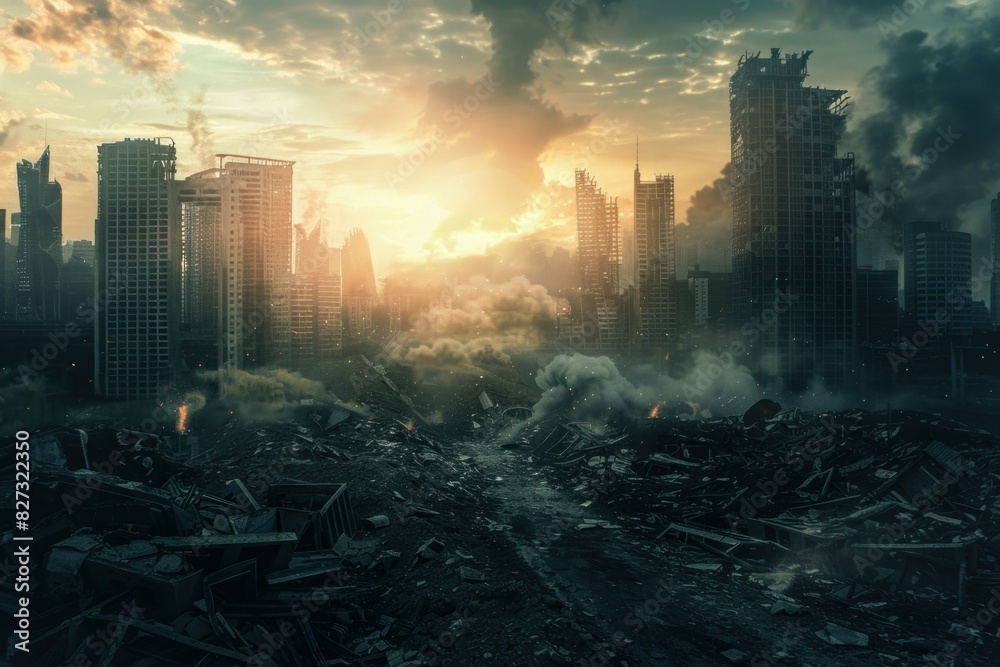 Foto de Stock Dramatic postapocalyptic cityscape at sunset with ...