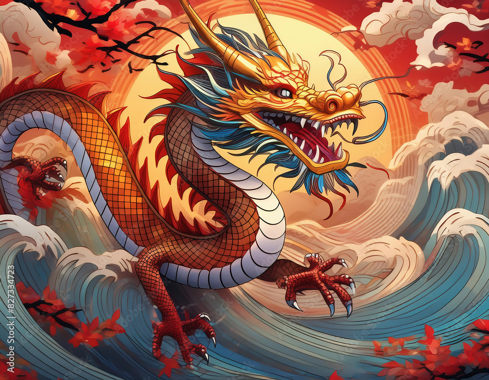 In a captivating painting, a dragon, a revered symbol in Japanese ...