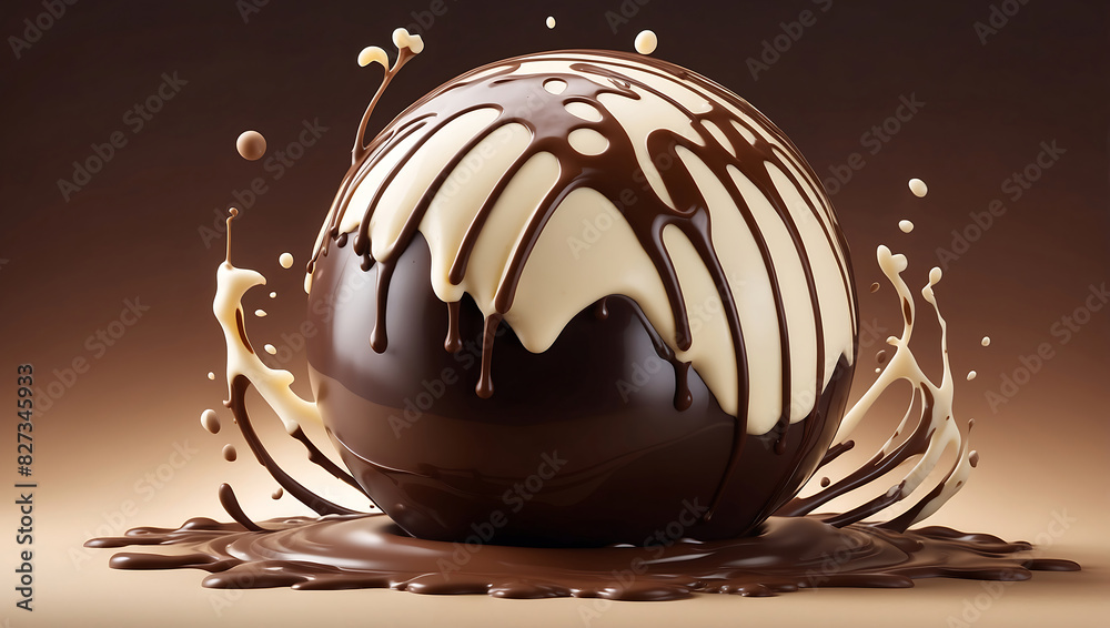 Small balls of white, dark, and milk chocolate float around the sphere ...