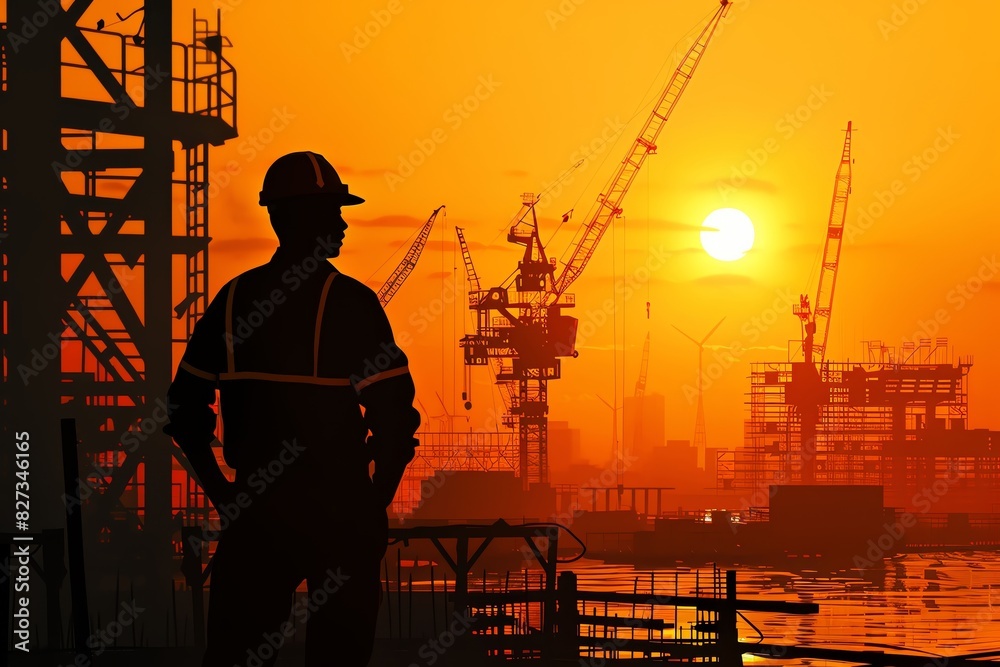 A crane riggers silhouette with a midrange view background showcasing ...