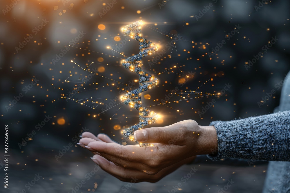 Hands cradle a luminous DNA strand amidst twilight sparkle, merging ...