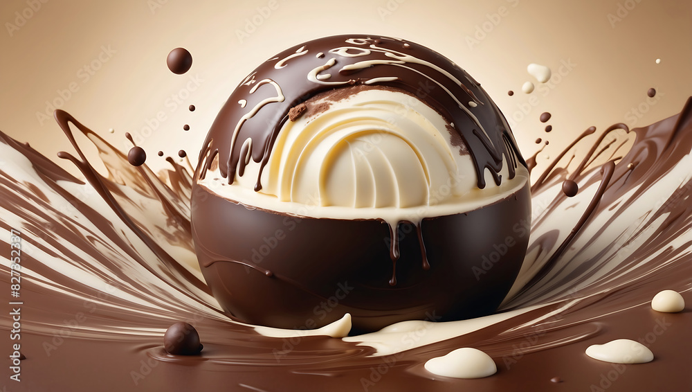 Small balls of white, dark, and milk chocolate float around the sphere ...