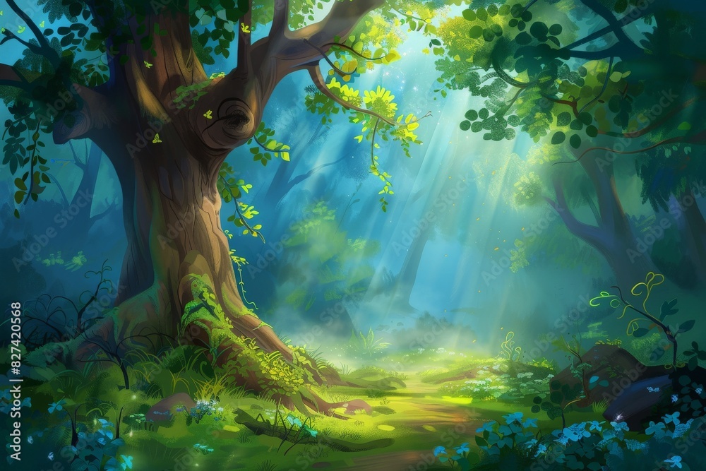 Illustration of A fantasy high-tech forest with glowing pathways ...