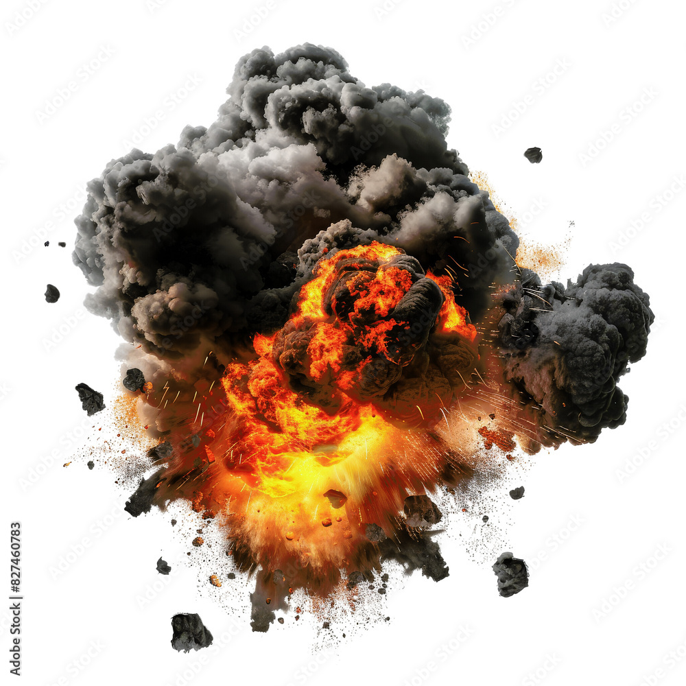 Intense explosion with fiery flames and thick smoke billowing up ...