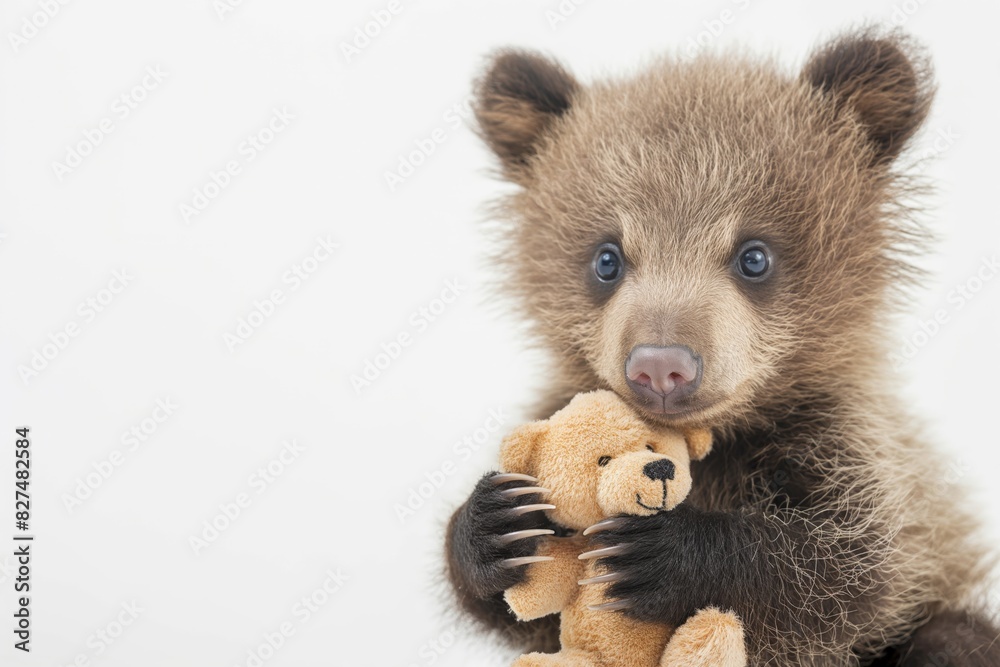 Cute baby bear cub with lush fur tenderly clutching a small teddy bear ...