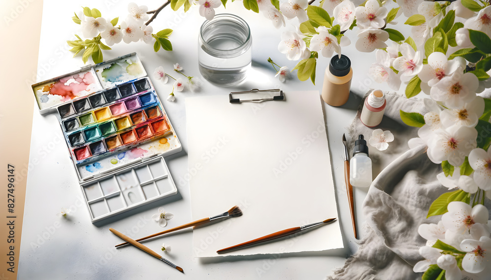 a watercolor painting setup. The scene includes a blank sheet of ...