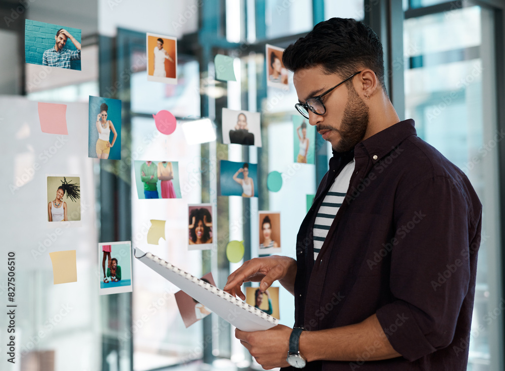 Business man, reading paperwork or document in office with sticky notes ...