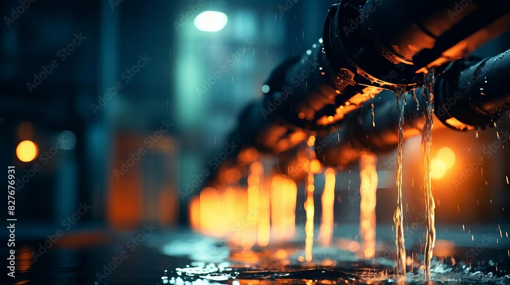 Rainwater harvesting system, close up, focus on pipes, rich tones ...