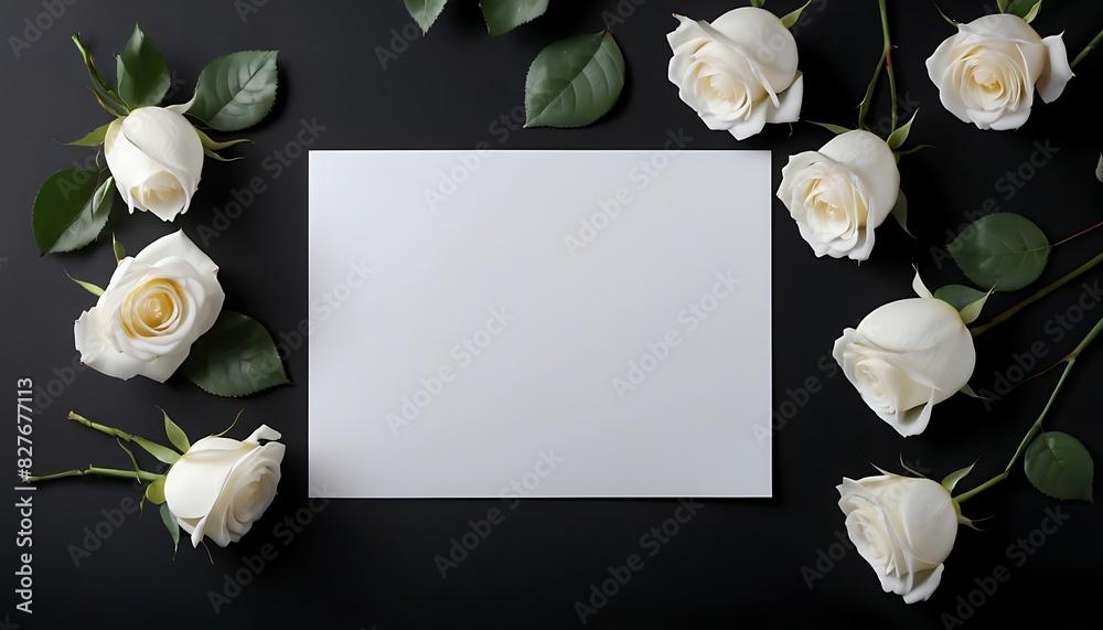 White blank condolence card, memorial card, greeting card with fresh ...