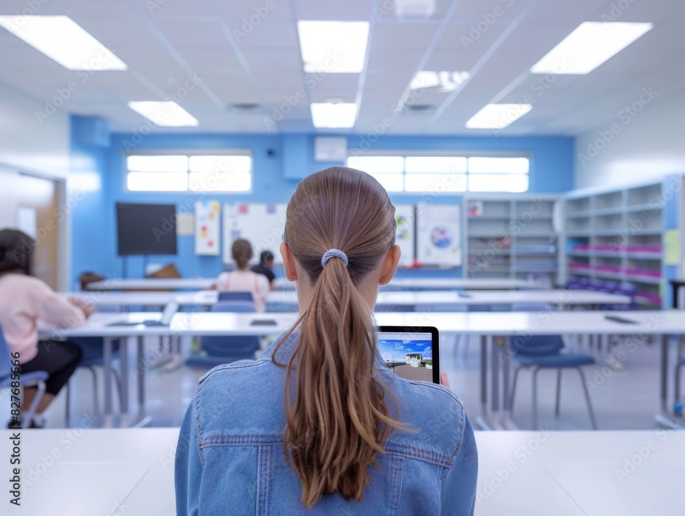 Student in a classroom viewed from the back, focusing on a tablet with ...