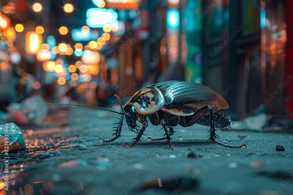 Solitary cockroach moves across an urban street at night, its glossy ...