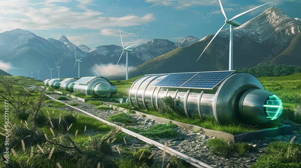 green hydrogen production pipeline with solar panels and wind turbines ...