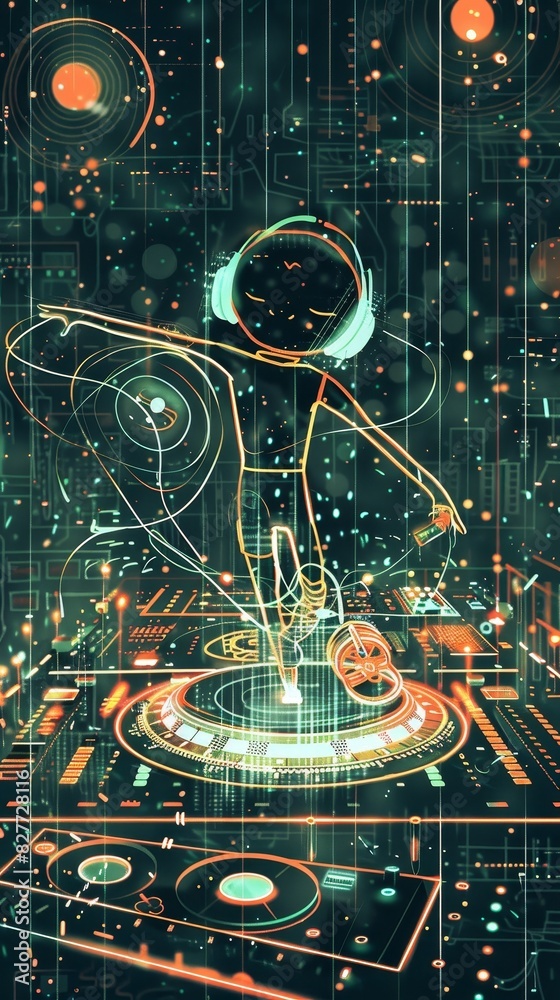 Colorful Surrealistic Cartoon DJ with Glass Turntables and Glowing ...