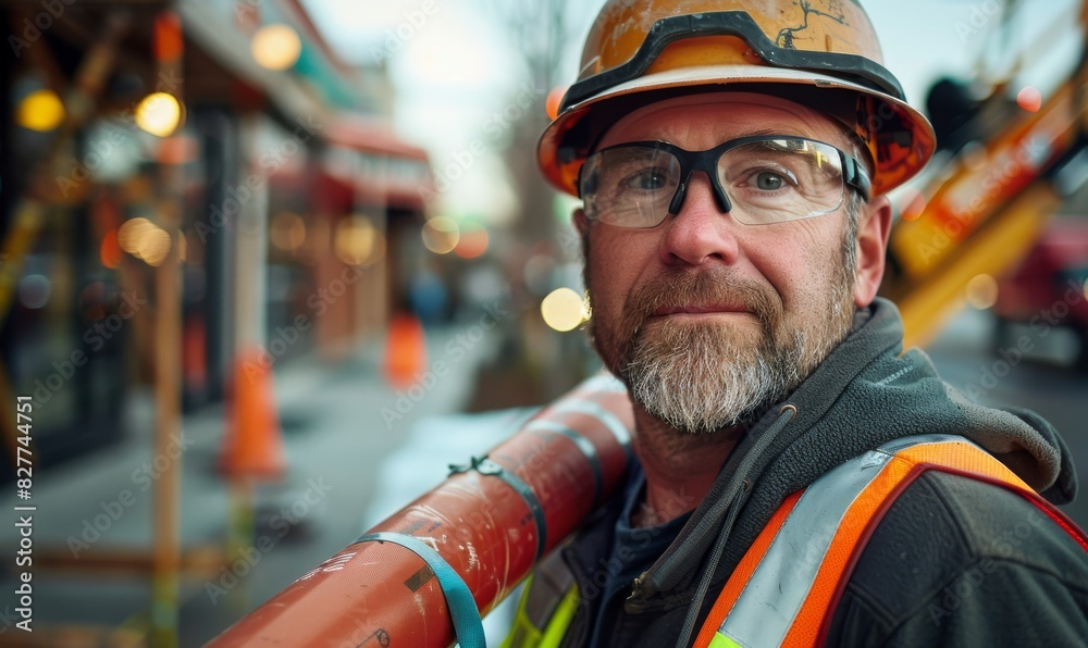 Mature man wearing a hardhat, safety glasses, and reflective vest and ...