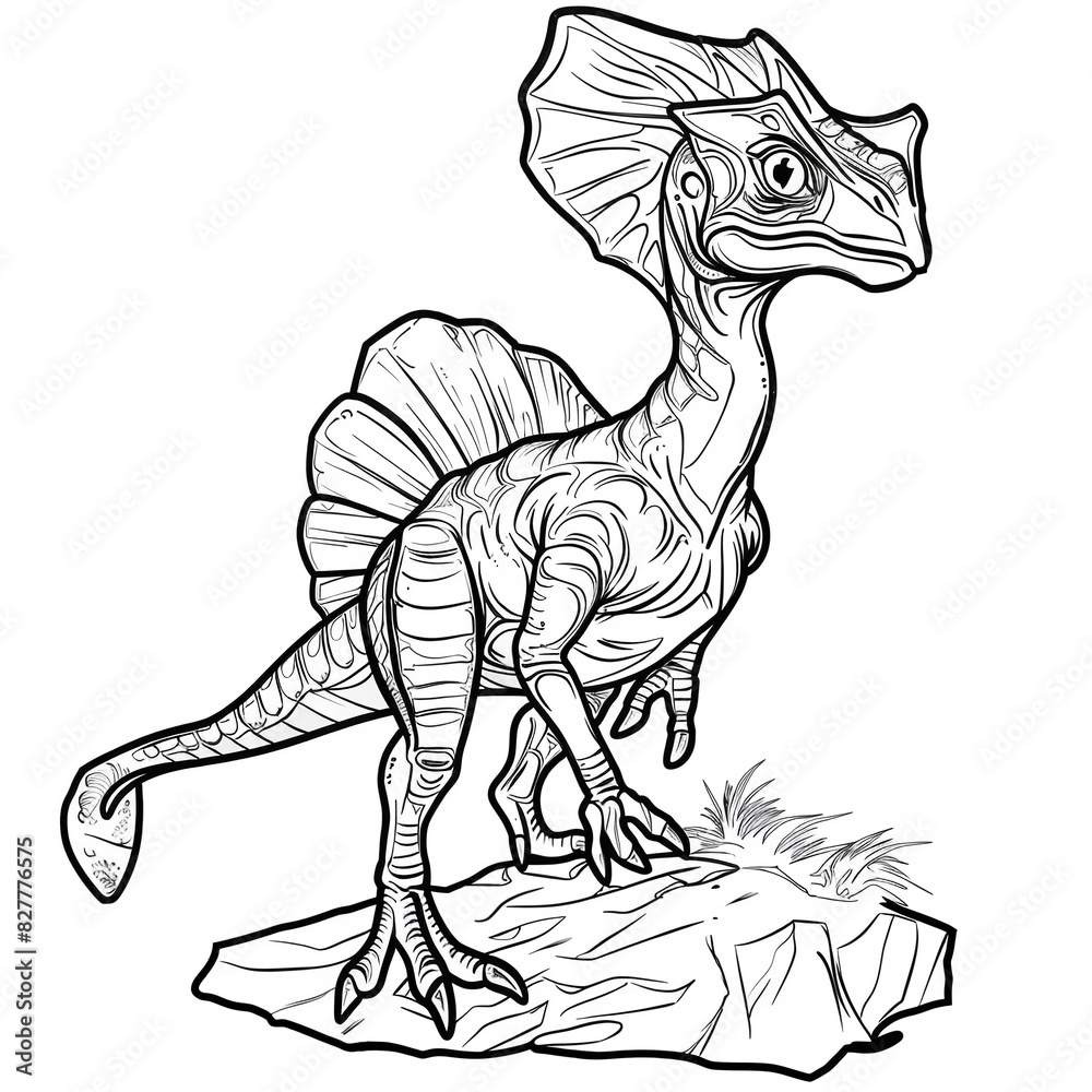 fabulous kind dinosaur dilophosaurus with large details and a black outline on a white ...