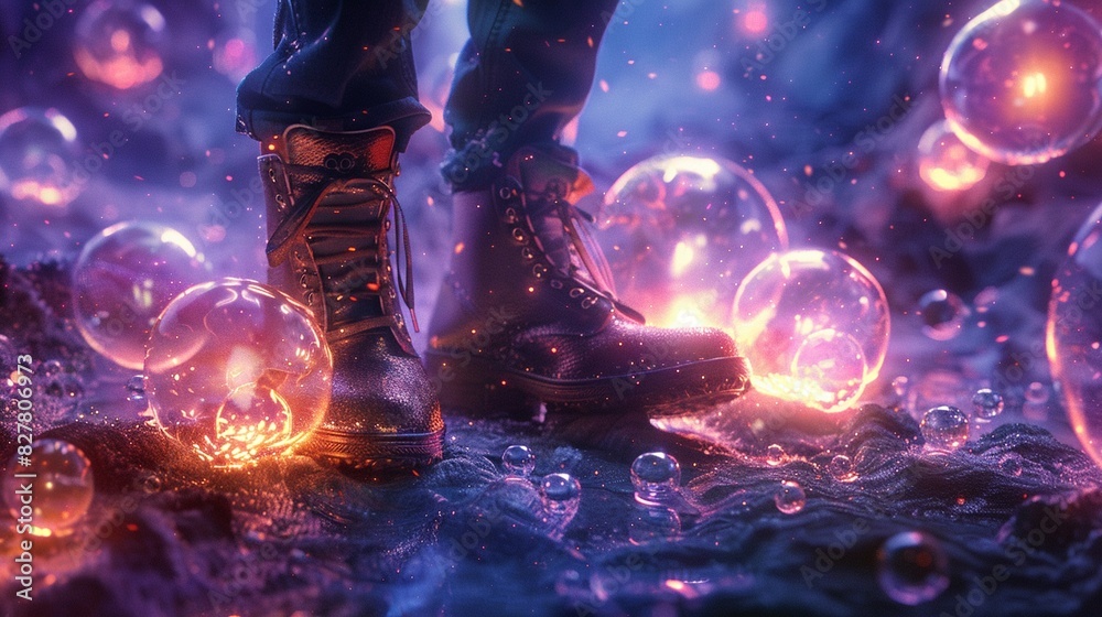 Ethereal depiction of sandals in a mystical realm, surrounded by ...