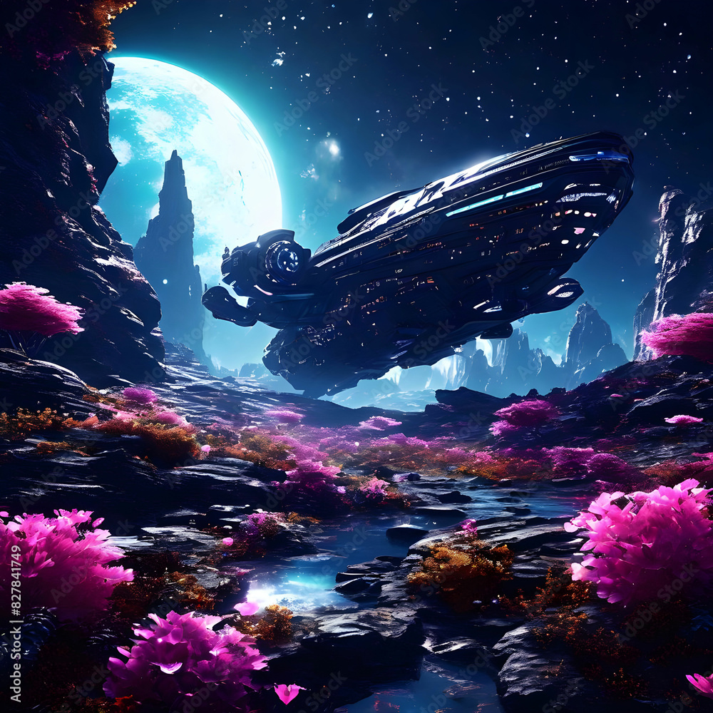 A sci-fi scene of a spaceship landing on a distant planet, with alien ...