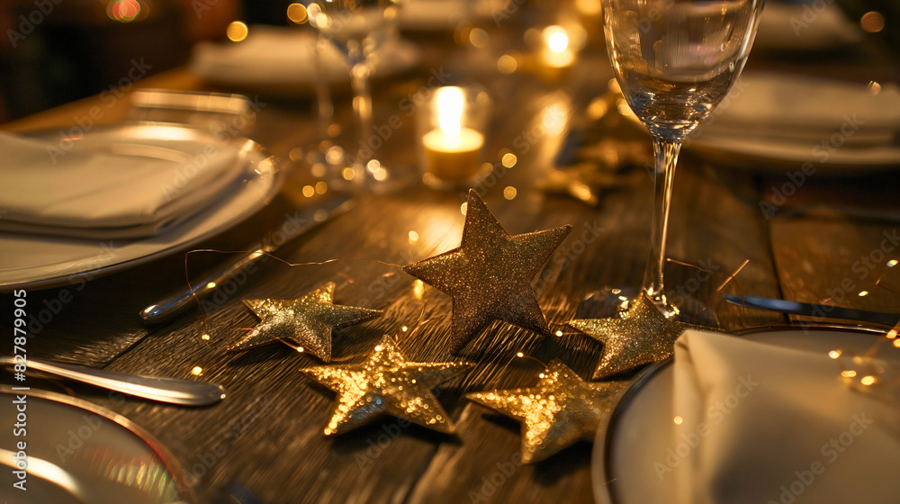 Five golden shiny stars on a luxury restaurant table. Hotel customer ...