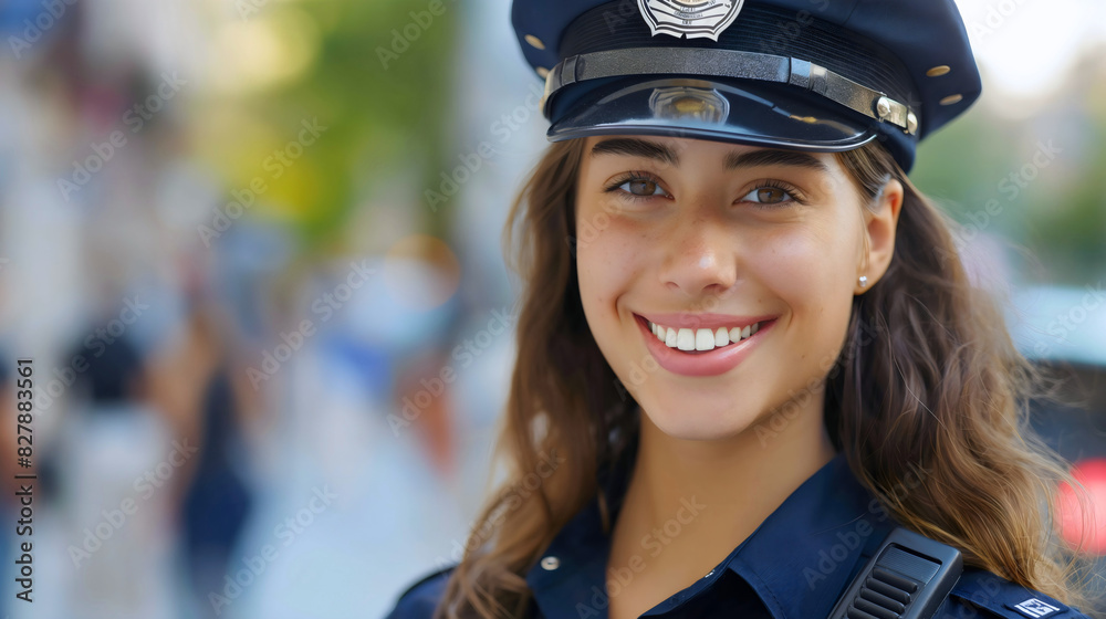 Beautiful young policewoman, female police officer or cop wearing ...