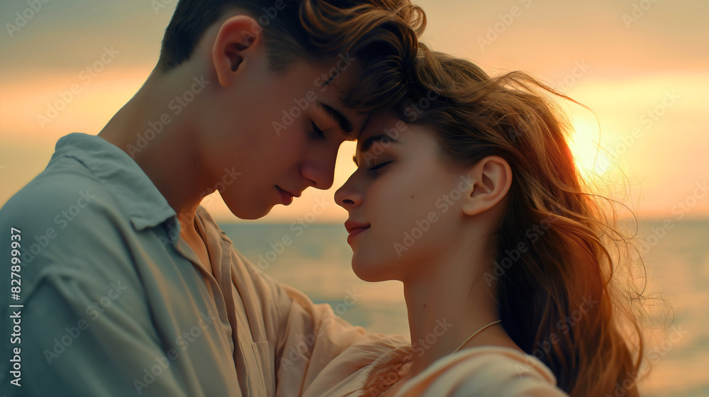 Young couple kiss, romantic love relationship between man and woman, sea or ocean water sunset ...