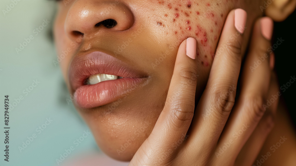 A closeup of a woman's face and hand, showing small red blemishes on ...