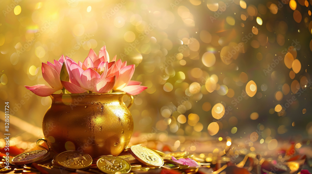 A golden pot filled with gold coins and delicate pink lotus flowers ...