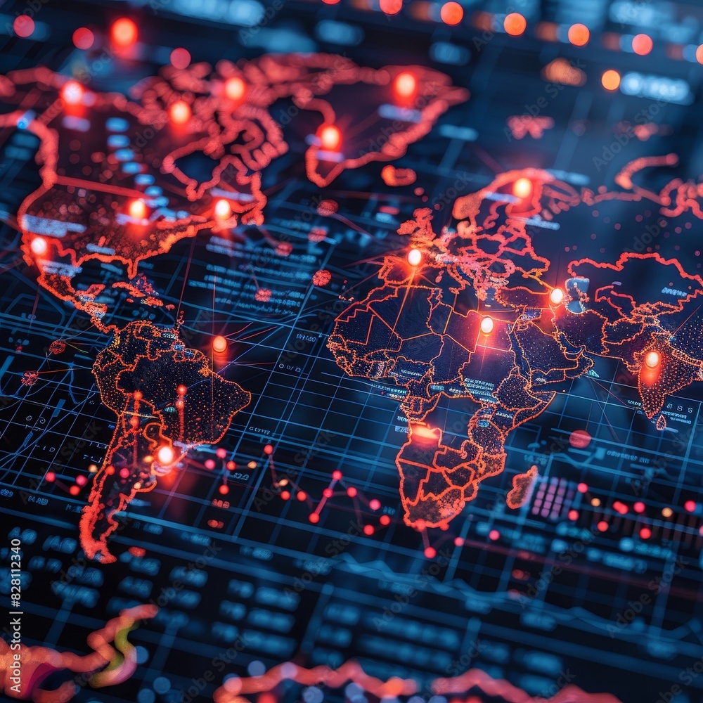 Digital world map with glowing data points and graphs, representing global connections and ...