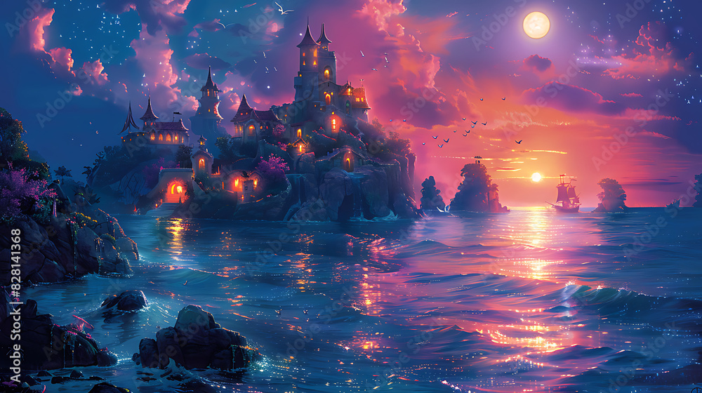 illustration of a mythical underwater kingdom with mermaids sea ...