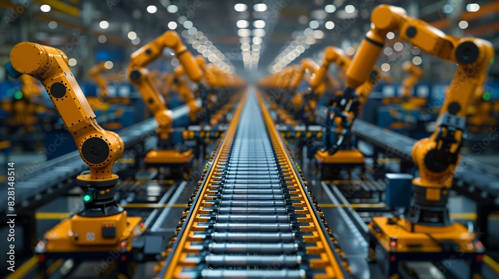 The ceiling-mounted robotic arms and conveyor systems in the factory ...