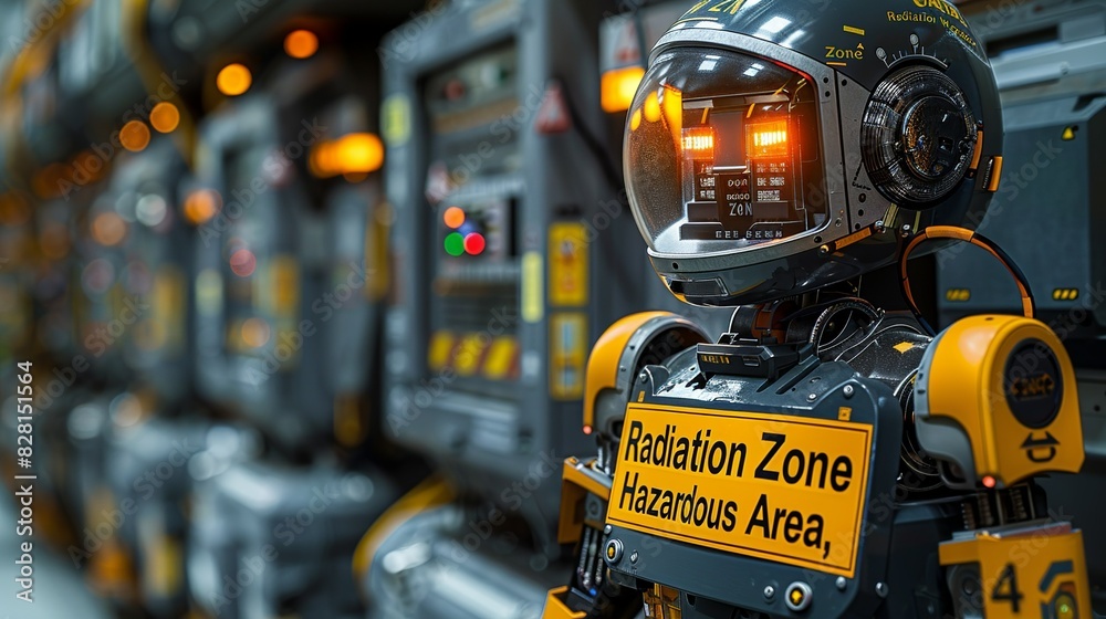 Labels and warning signs on the robot's protective suit, such as ...