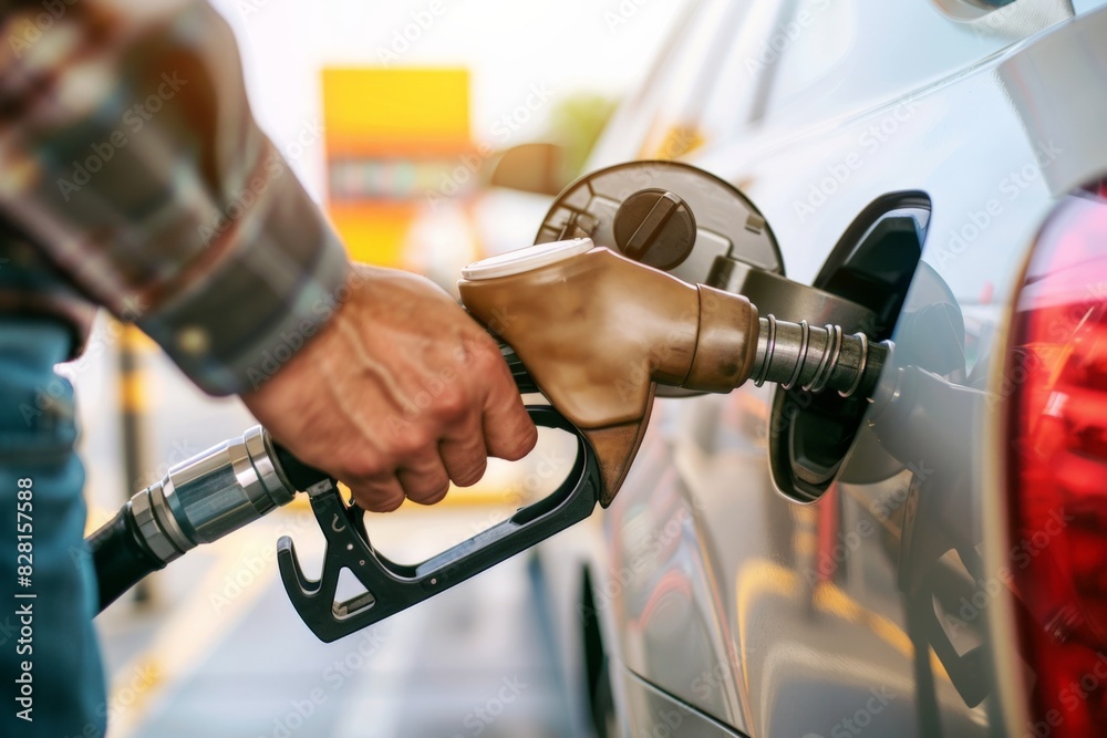 At a gas station, a person in a yellow jacket is fueling up a car using ...