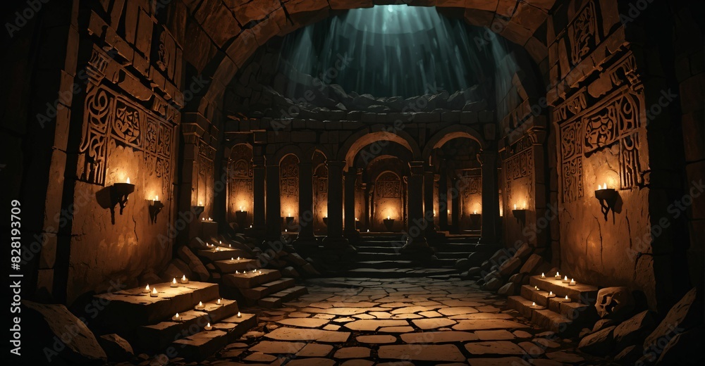 underground catacombs medieval fantasy dark tomb with walkways skulls ...