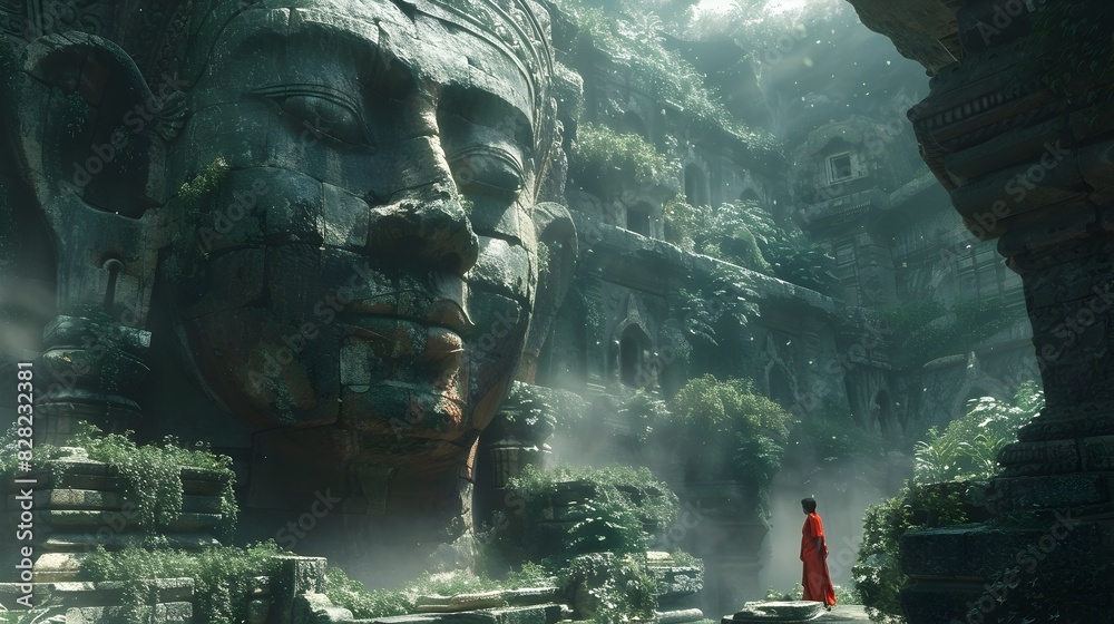 Colossal Statue of Buddha Amid Lush Jungle Ruins - An Enigmatic ...