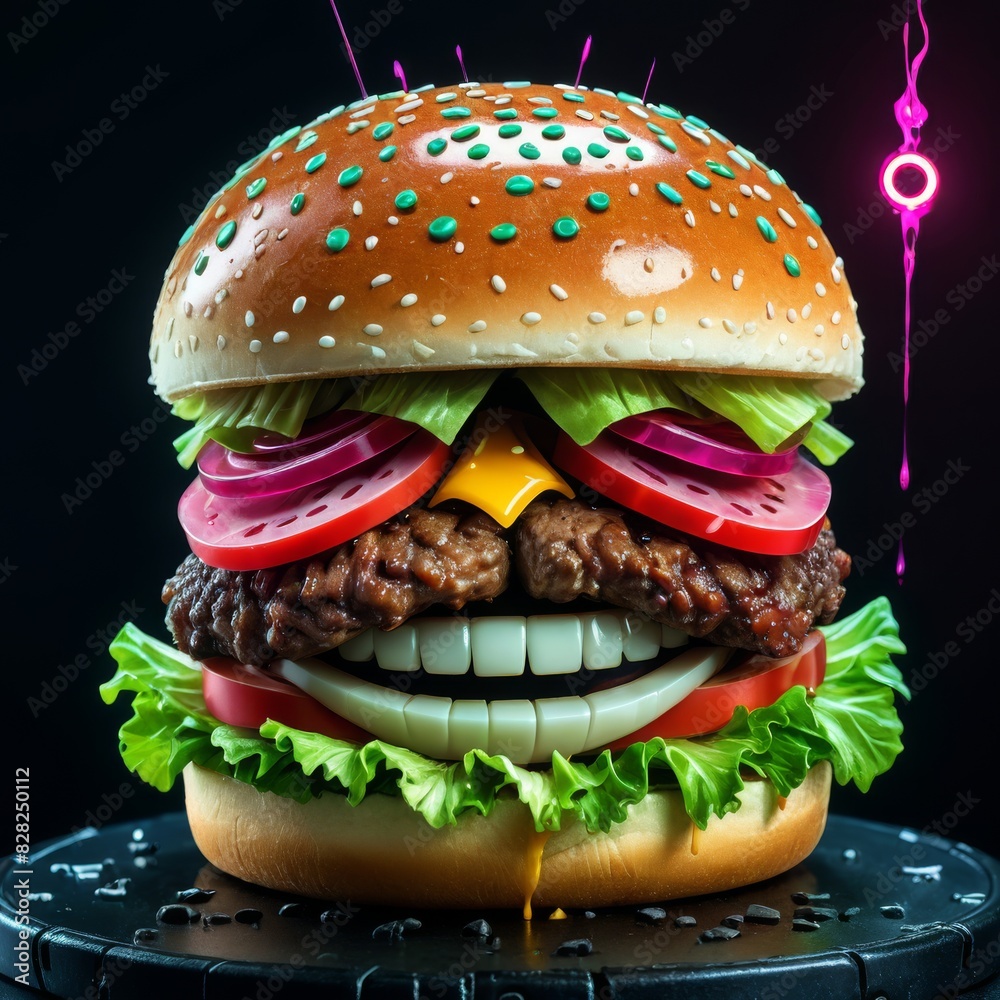 A vibrant animated hamburger with a wide, smiling face and colorful ...