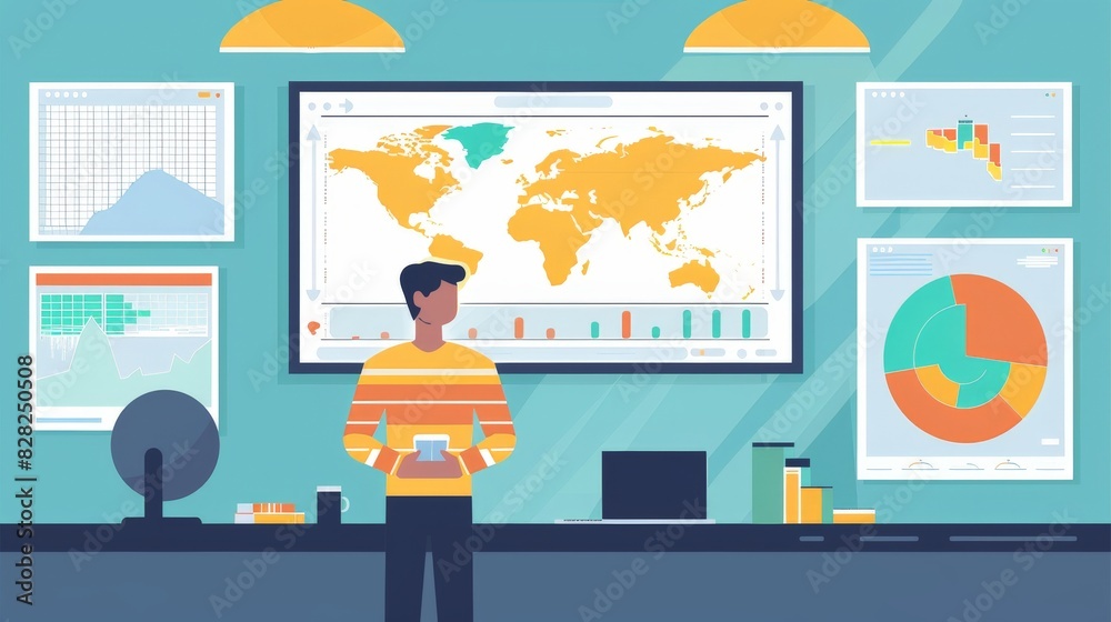An illustration in 2D flat style showcasing a meteorologist presenting ...