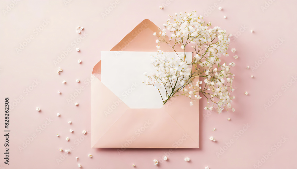 Party invitation concept. Top view photo of open pink envelope with paper sheet and white ...