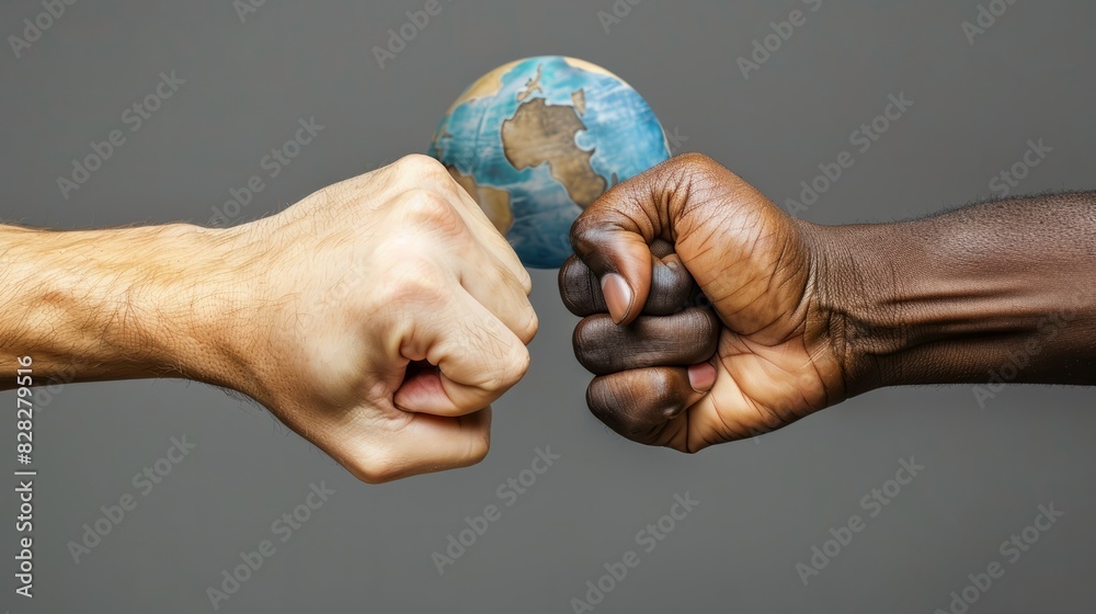 Closeup photo of two arms different race skin colors multinational friends antiracism issue help ...