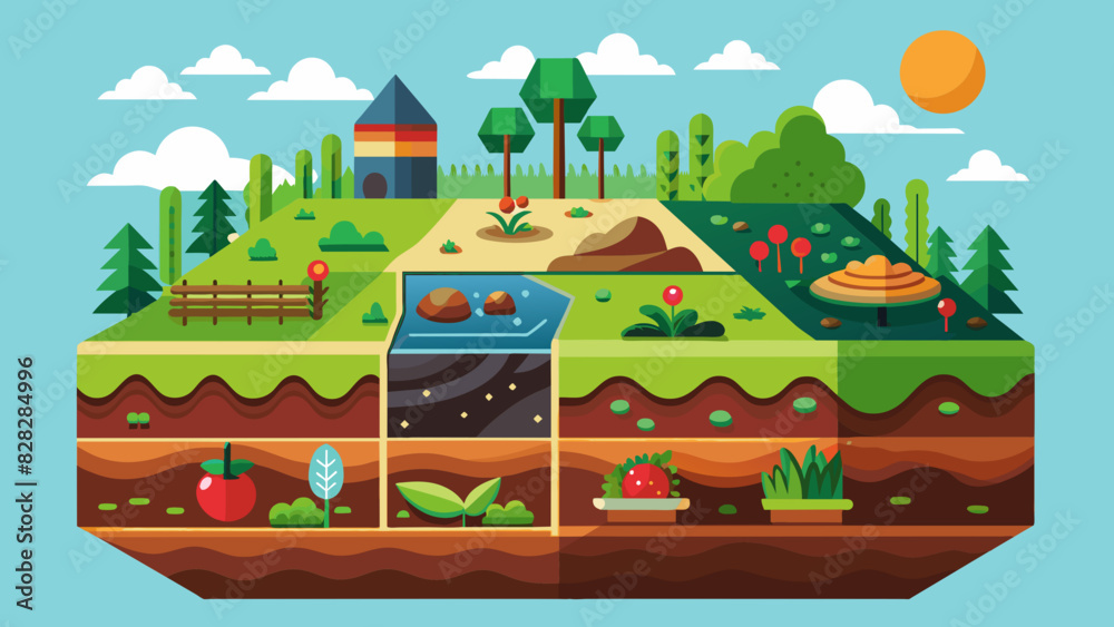 A detailed vector graphic of a cross-section of a healthy, layered soil ...