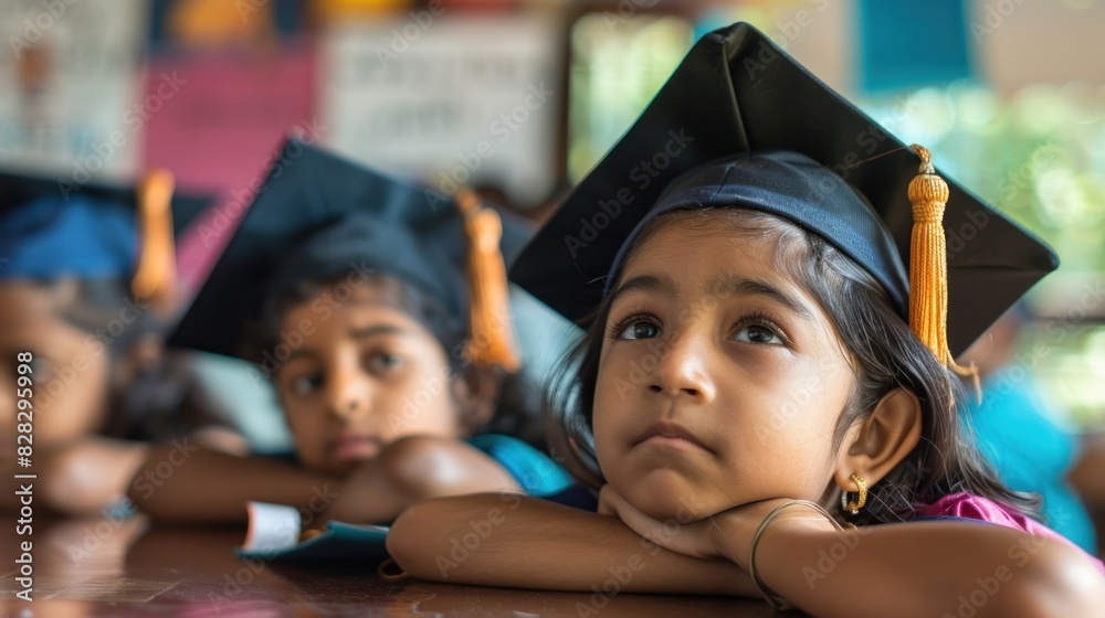 Indian school children wearing graduation caps while studying or ...