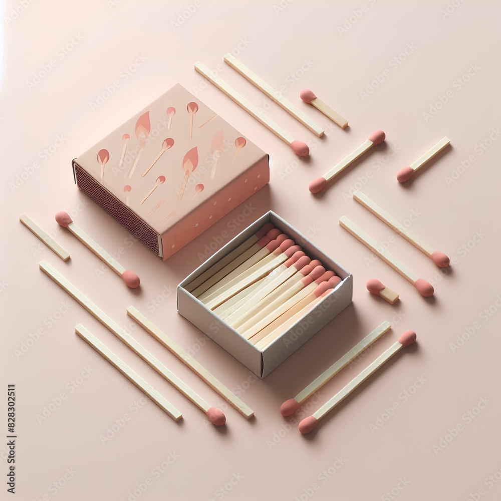 Mockup of an open match box with matchsticks on isolated light pastel ...