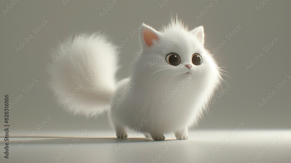 Playful 3D animation featuring a fluffy white cat, its animated tail ...
