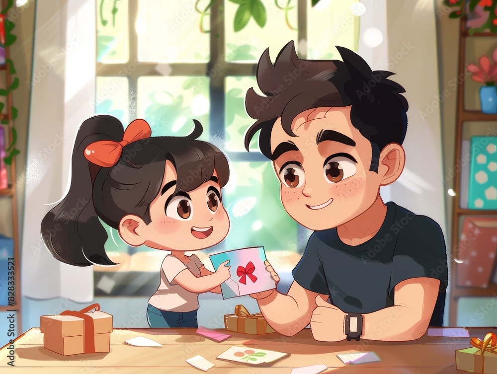 Cute animated daughter gives handmade gift to her smiling dad in a cozy ...