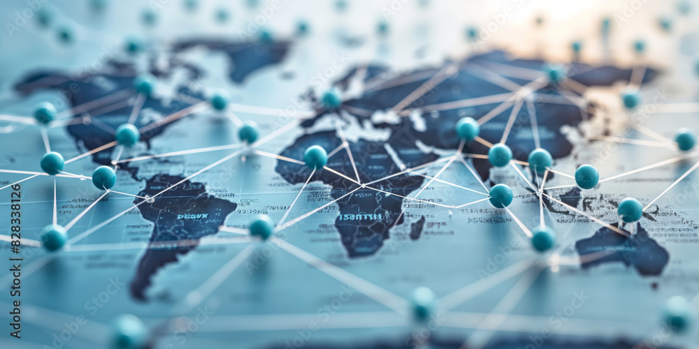 Global communication concept with a world map and interconnected nodes ...