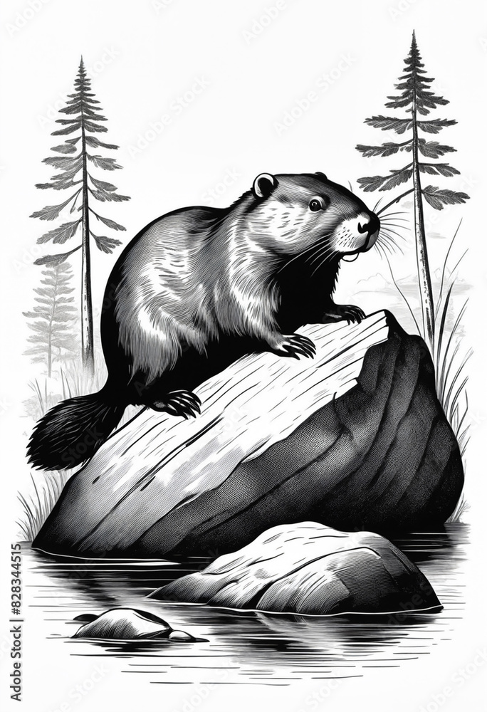 Vintage engraving isolated beaver illustration ink sketch. Wild animal ...