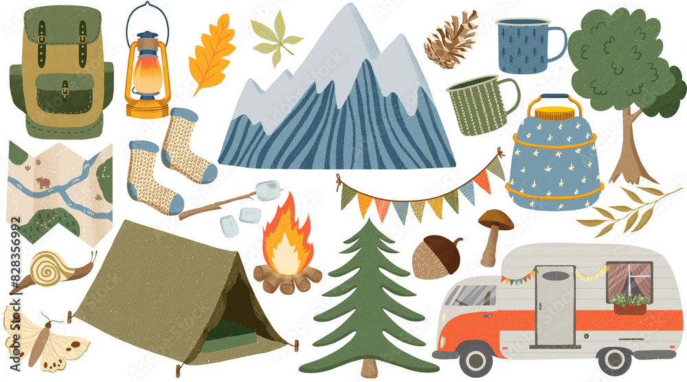 Camping and hiking items set. Adventure nature clipart. Isolated ...