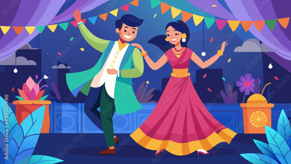 A modern flat design of a young Indian couple dancing joyously at their ...
