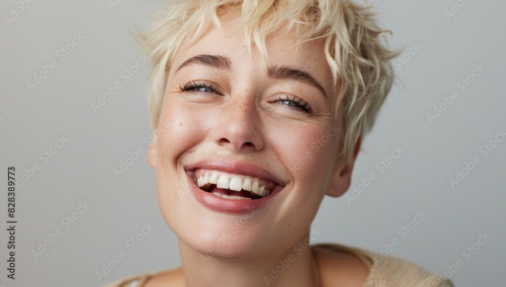 Close-up portrait of a happy laughing woman with blonde short hair ...
