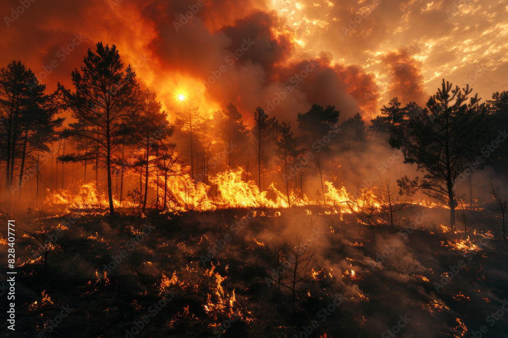 An intense scene of wildfires with flames licking the trees and a smoke ...